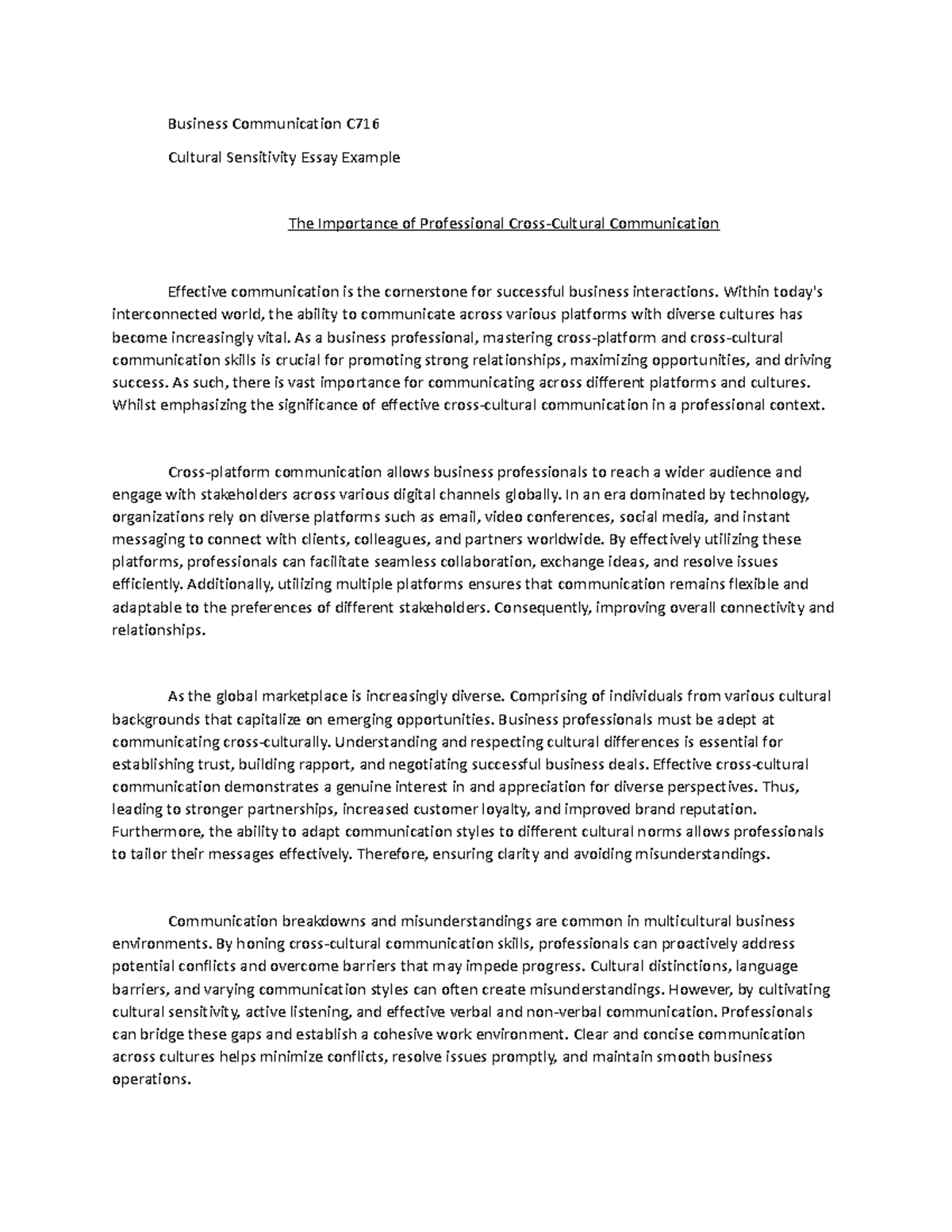 C716 Business Communication: Cultural Sensitivity Essay Insights - Studocu