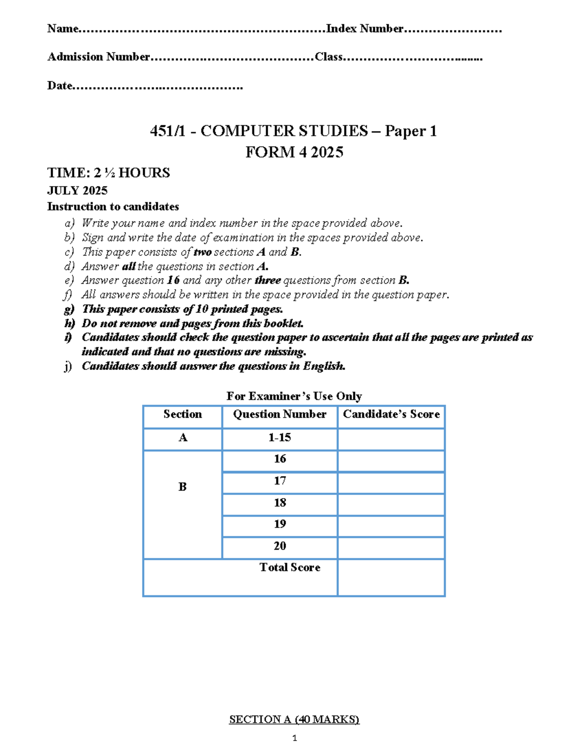 COMP 2025 COMPUTER STUDIES Paper 1 Questions for Form 4 - Studocu