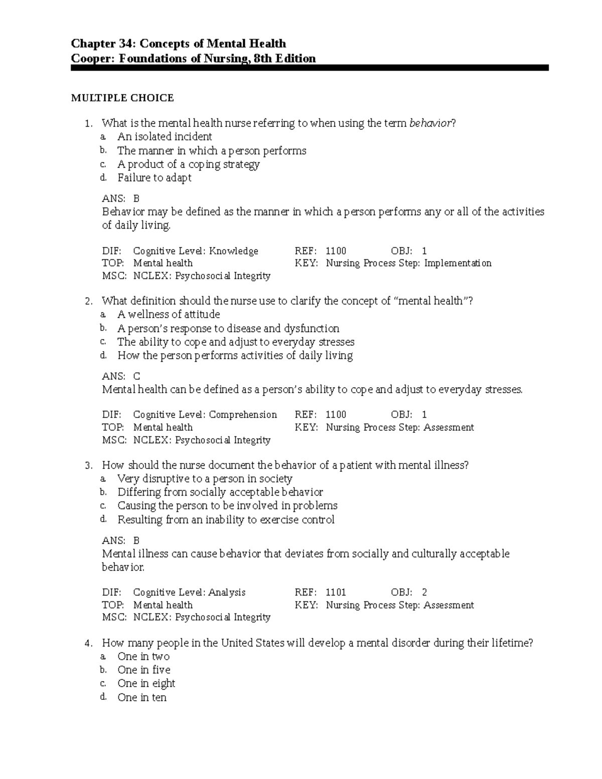 Psych 34 - Final Exam Review: Concepts of Mental Health & Nursing - Studocu