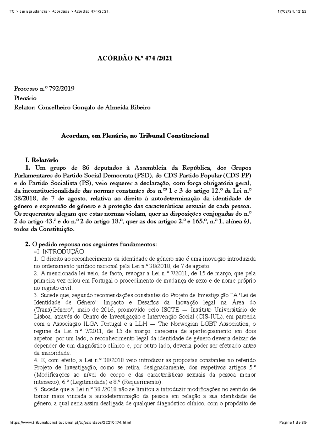 TC 474 - Análise da Inconstitucionalidade da Lei sobre Identidade de ...