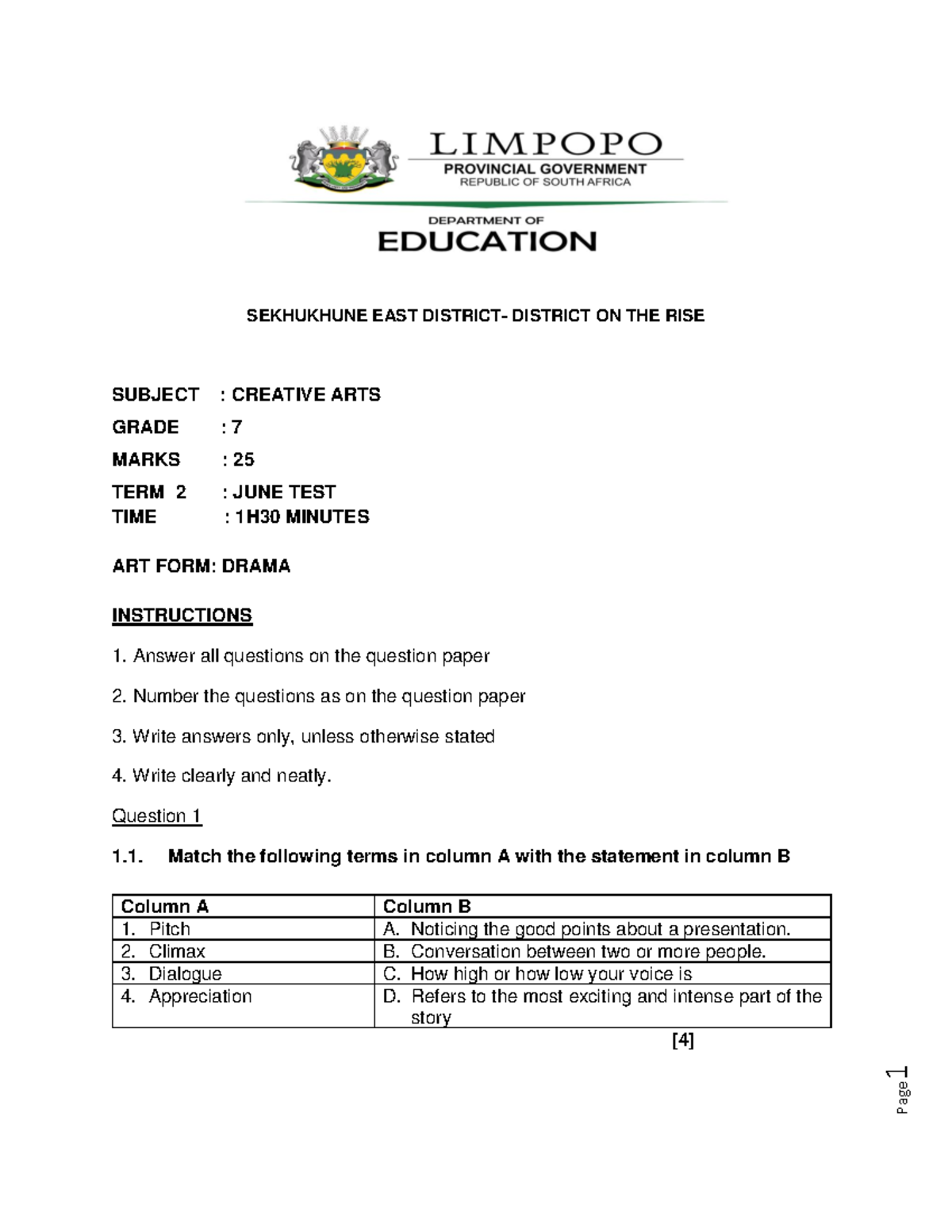 Creative ARTS Grade 7 June Test 2022 - Drama Assessment Guide - Studocu