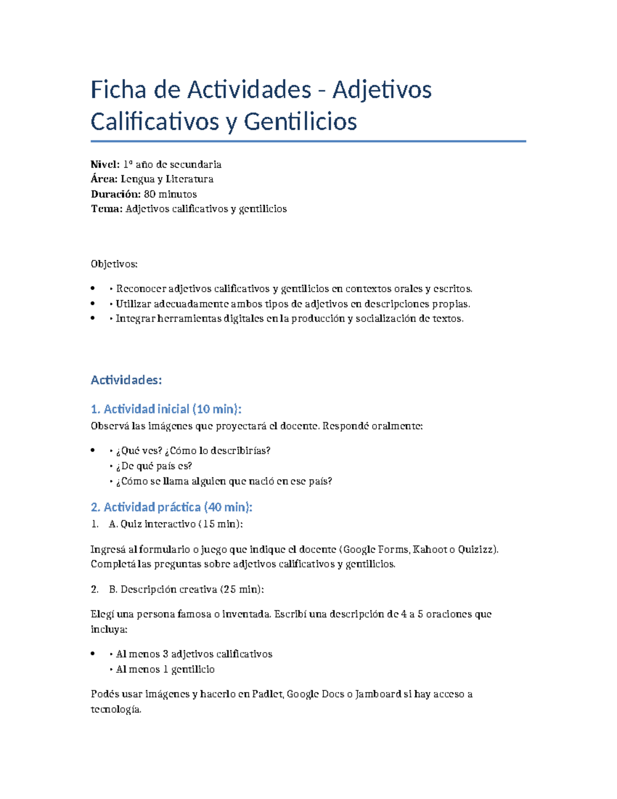 Ficha de Actividades: Adjetivos Calificativos y Gentilicios - 1º Secundaria - Studocu