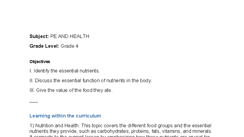 PE AND HEALTH Grade 4: Understanding Essential Nutrients Lesson Plan ...