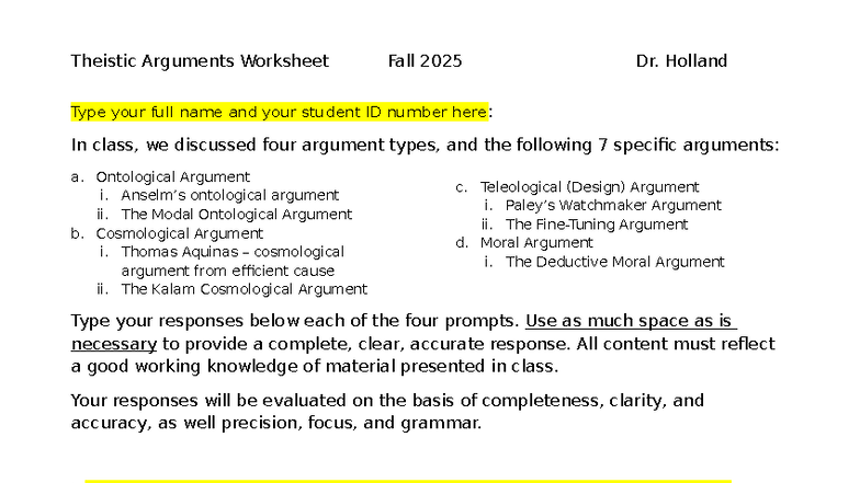 Theistic Arguments Worksheet (PHIL 101) - Fall 2025 - Studocu
