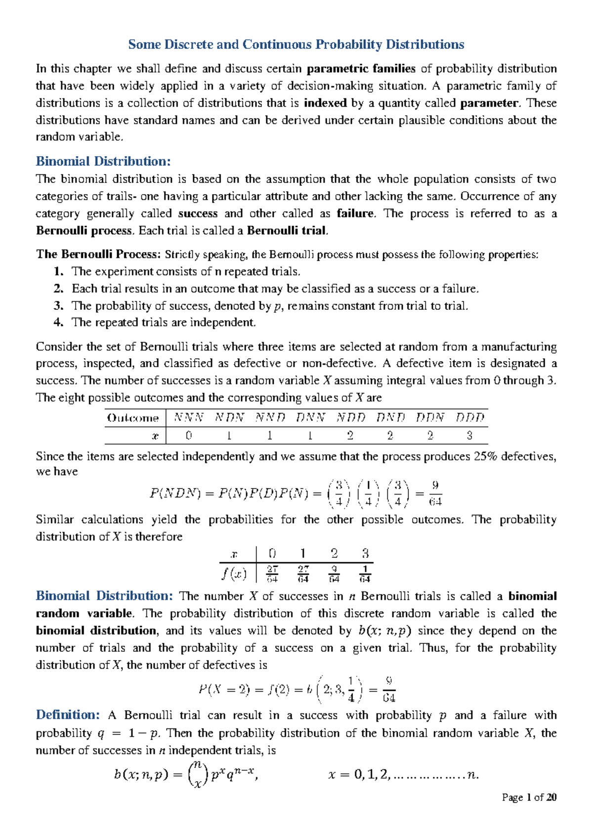 Discrete and Continuous Probability Distributions (Course Code: 7 ...