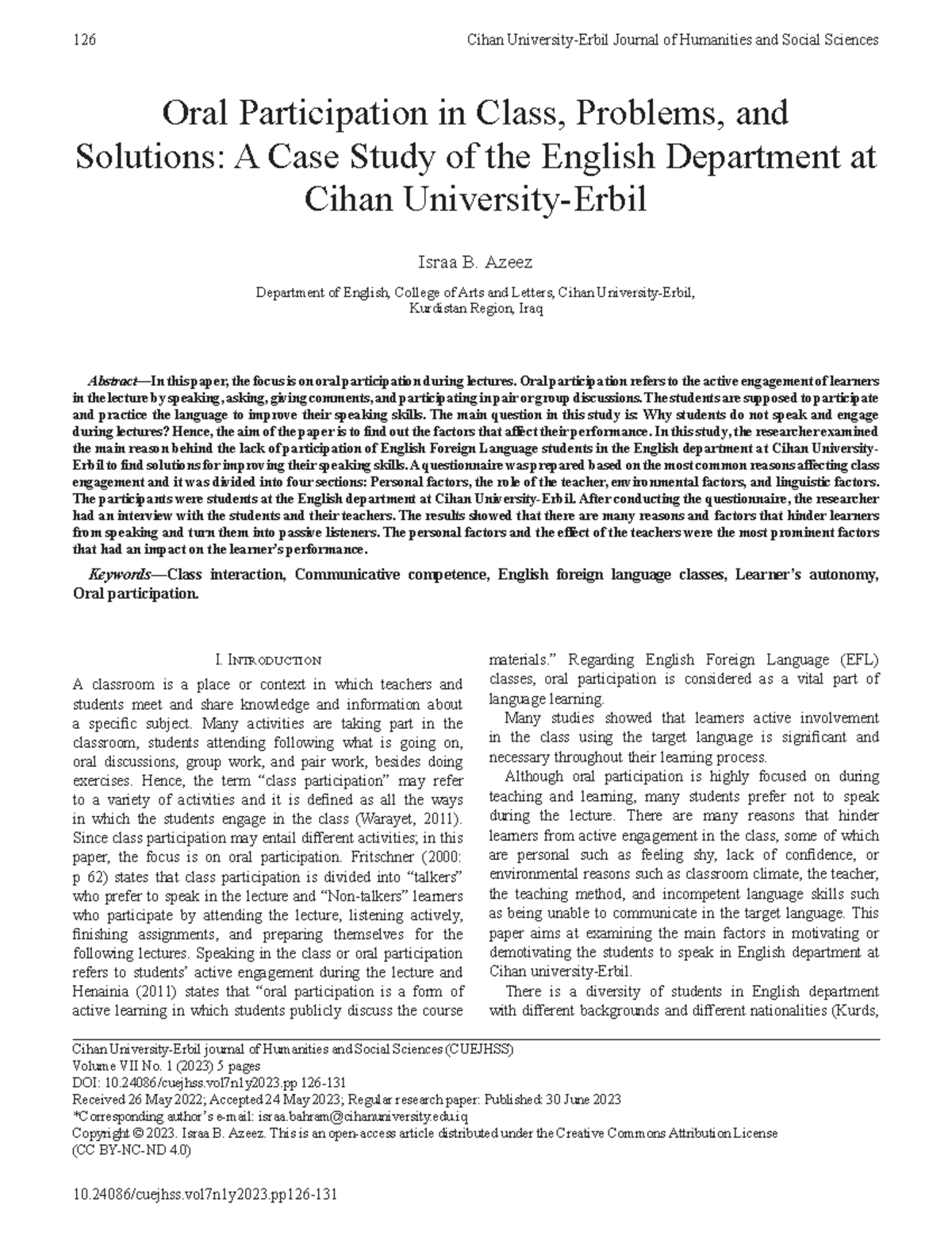 Exploring Oral Participation Challenges in EFL: A Case Study at Cihan ...