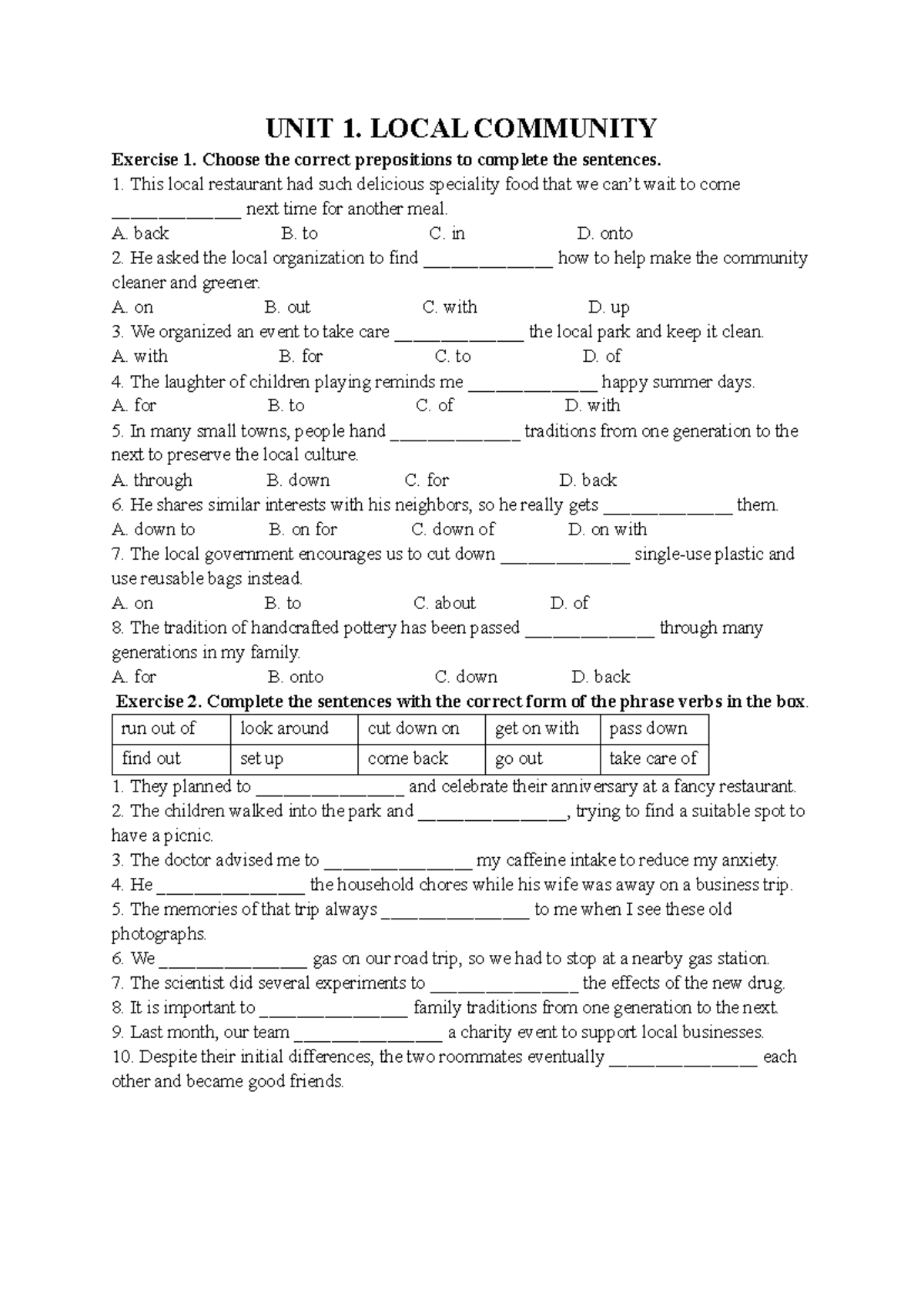 UNIT 1. Local Community: Prepositions and Phrase Verbs Exercises - Studocu