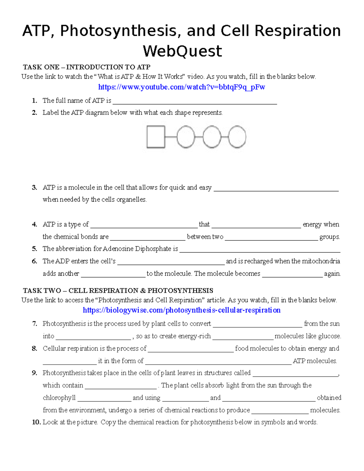 Cell Energy Webquest - ATP, Photosynthesis, and Cell Respiration ...
