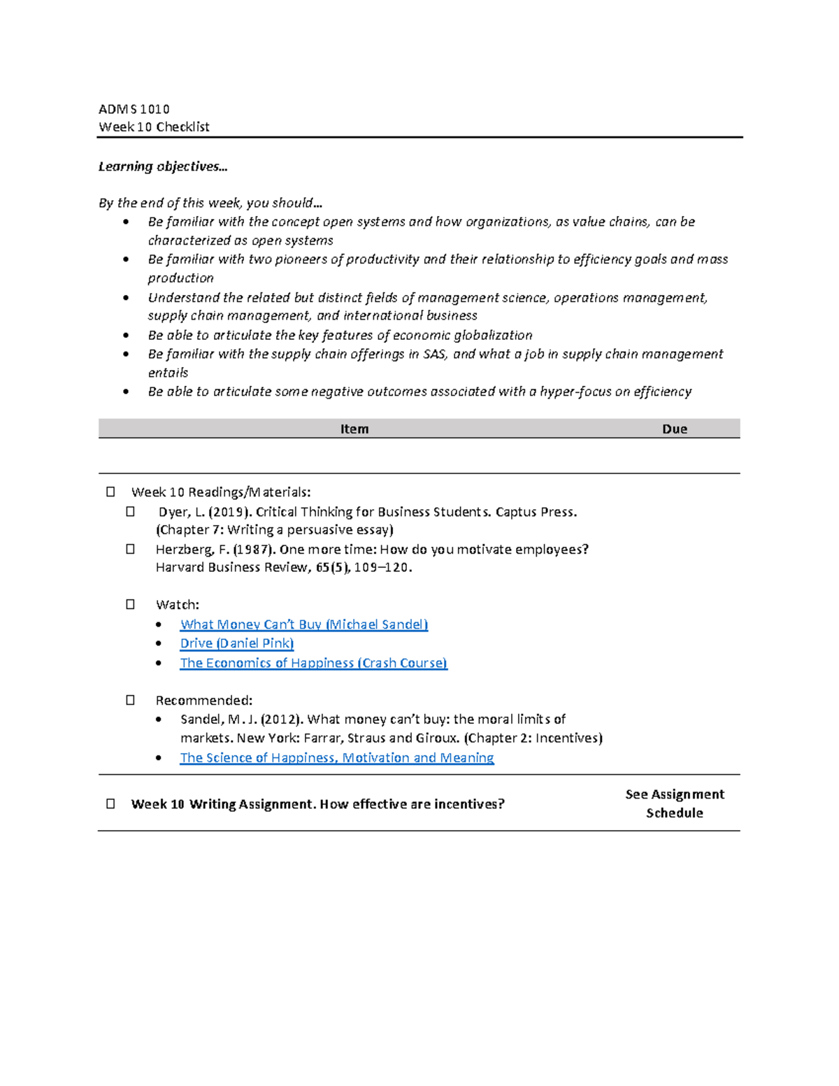 ADMS 1010 Week 10 Checklist: Open Systems & Productivity Insights - Studocu