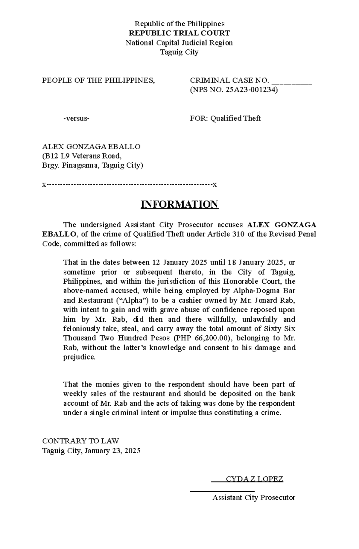 Criminal case no. (NPS no.) for qualified theft: People of the ...