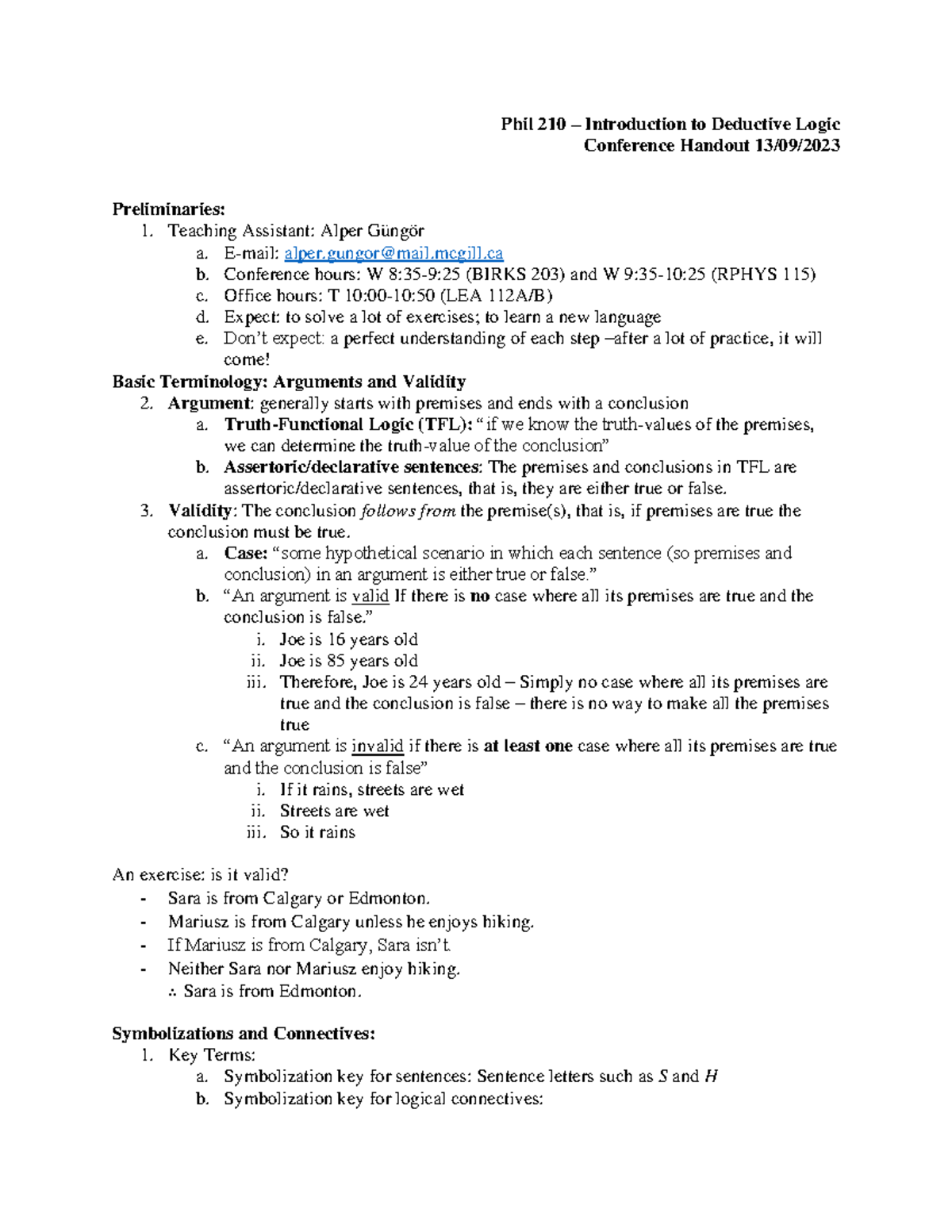 Phil 210 Handout 13-09-23-print - Phil 210 – Introduction to Deductive Logic Conference Handout ...