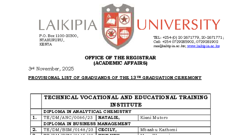 Provisional Graduation List for 13th Ceremony - 03/11/2025 - Studocu