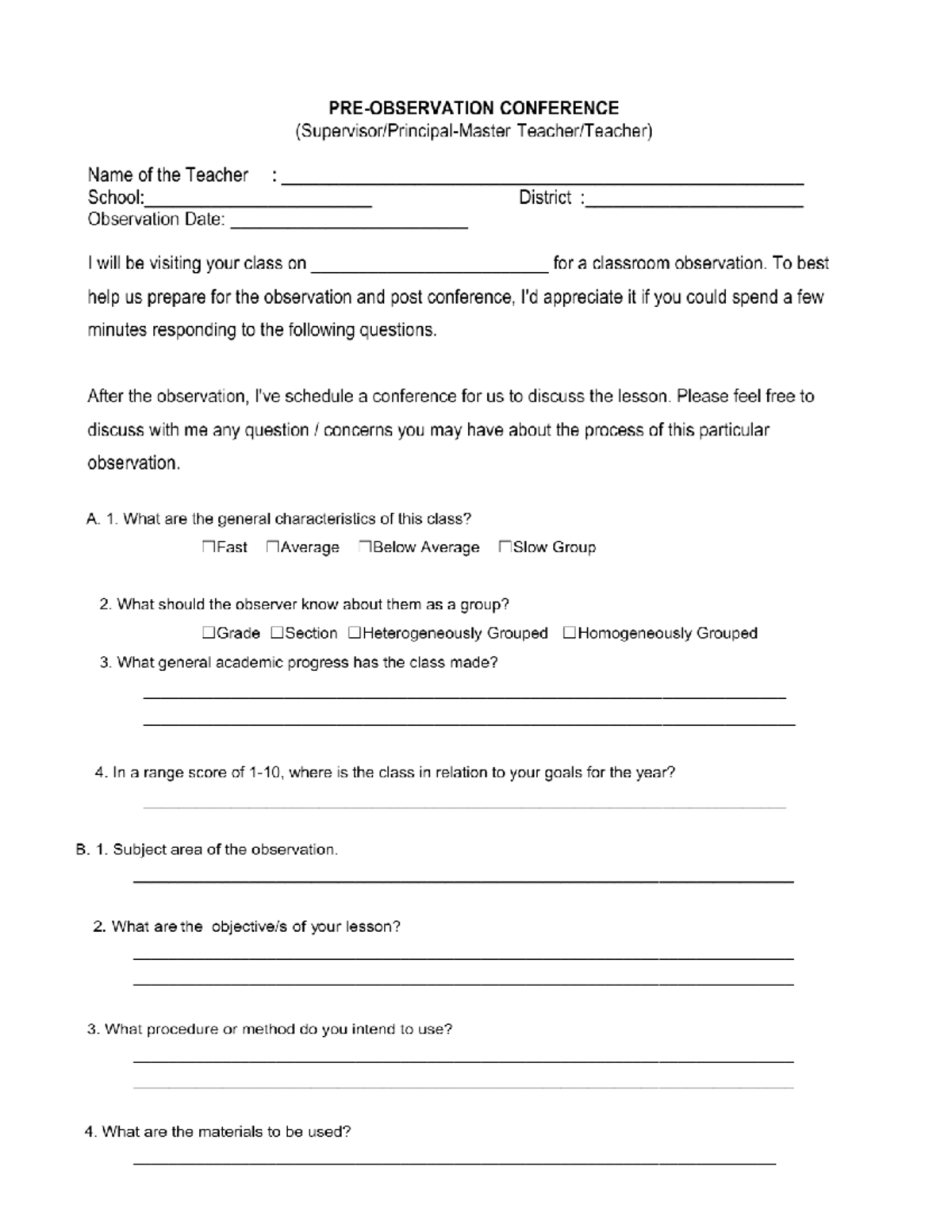Pre observation - CONFERENCE Name of the Teacher : School: District ...