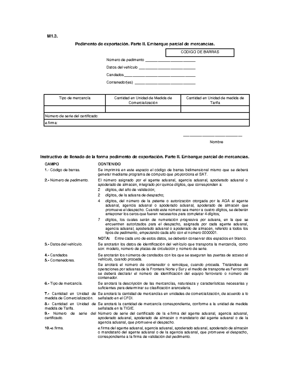 M1 - Resumen del Pedimento de Exportación Parte II: Embarque Parcial ...