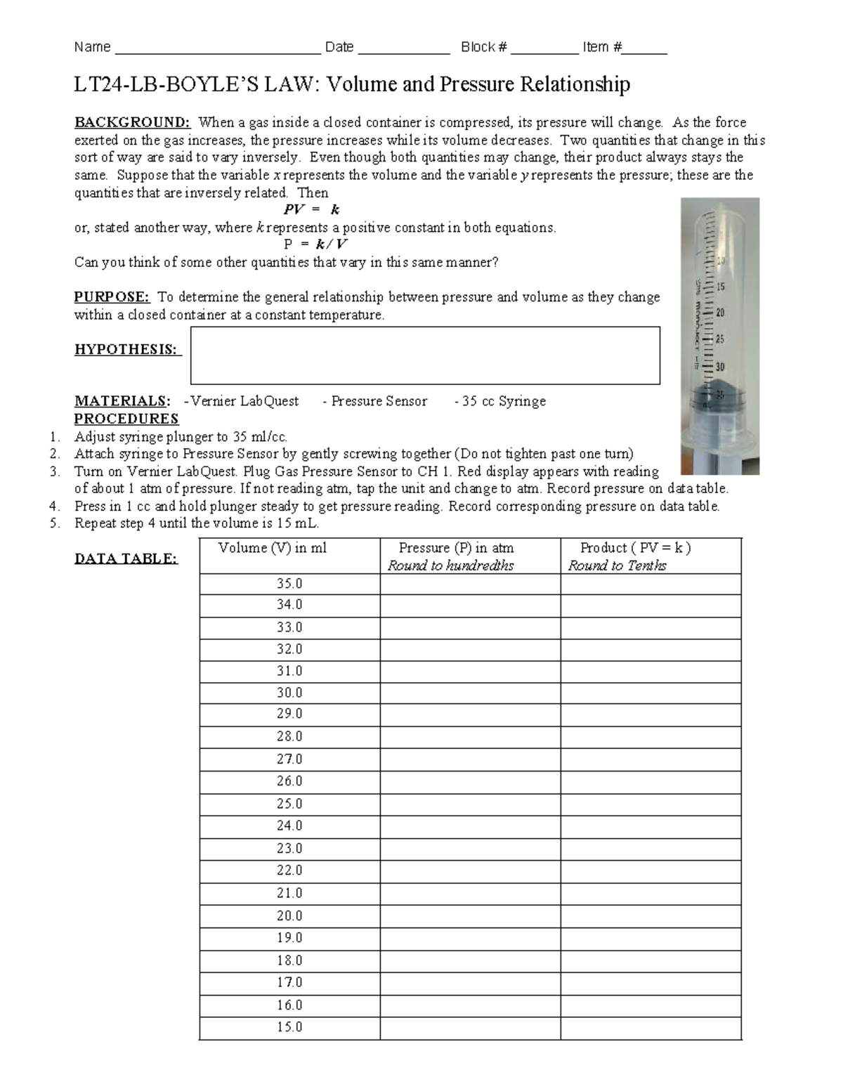 LAB: Gas Laws - Volume and Pressure Relationship (LAW) - Studocu