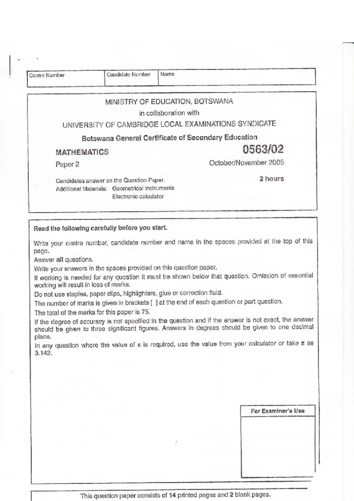 Maths Paper 3 - Exam Practice for Botswana GCE 2005 - Studocu
