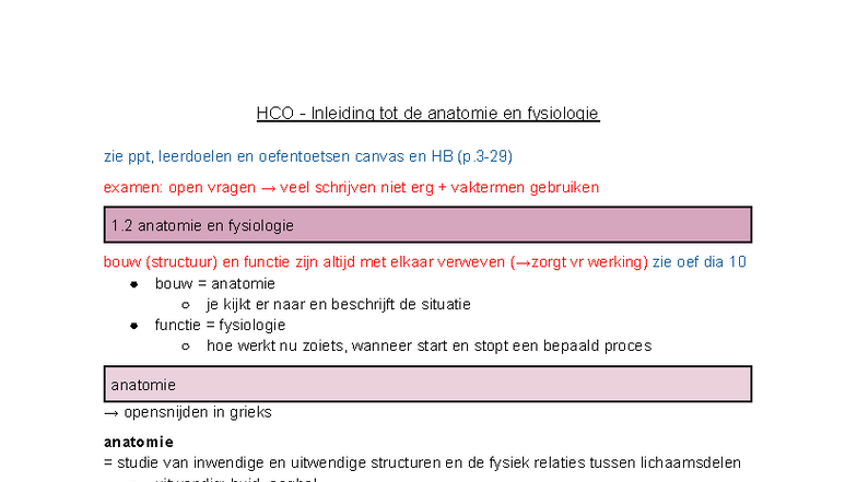 HCO - Inleiding tot Anatomie en Fysiologie: Structuur en Functie - Studocu