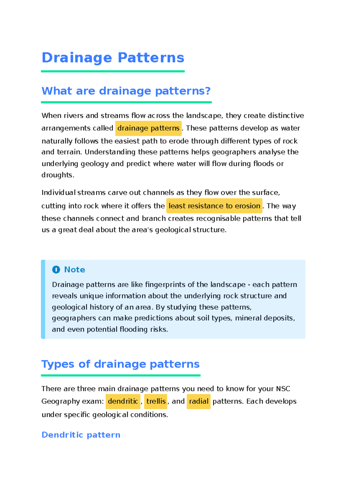 Drainage Patterns for NSC Geography Exam: Key Types & Analysis - Studocu