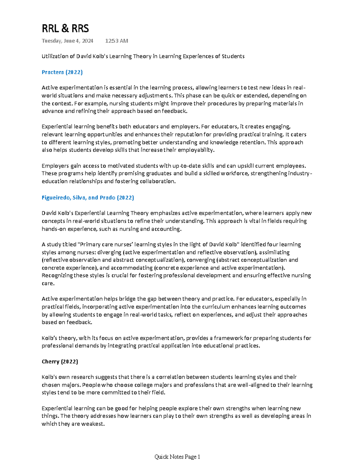 Utilizing David Kolb's Experiential Learning Theory in Education RRL/RRS - Studocu