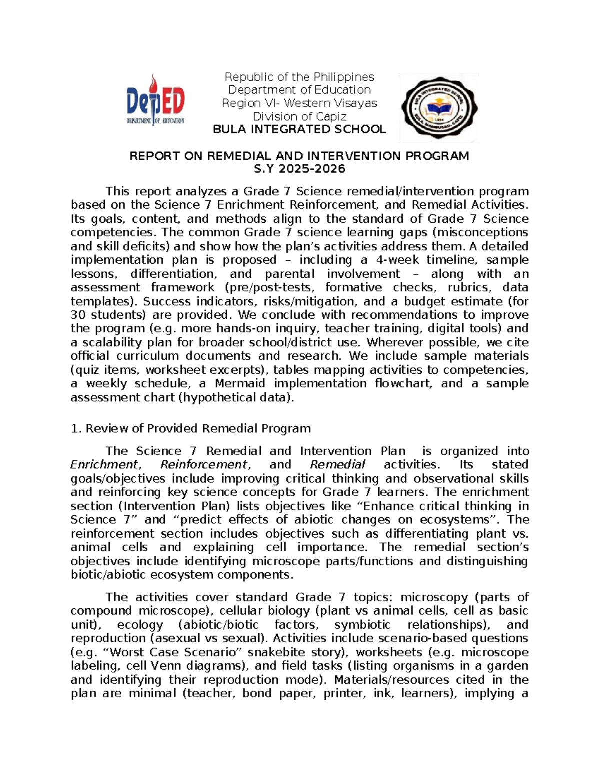 Grade 7 Science Remedial & Intervention Program Report (S.Y.) - Studocu