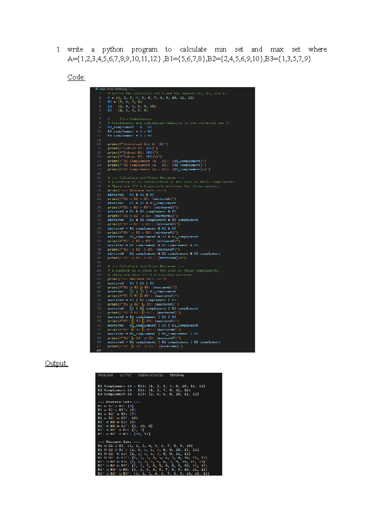 Maths assignment - Maths Class 12 - write a python program to calculate min set and max set ...