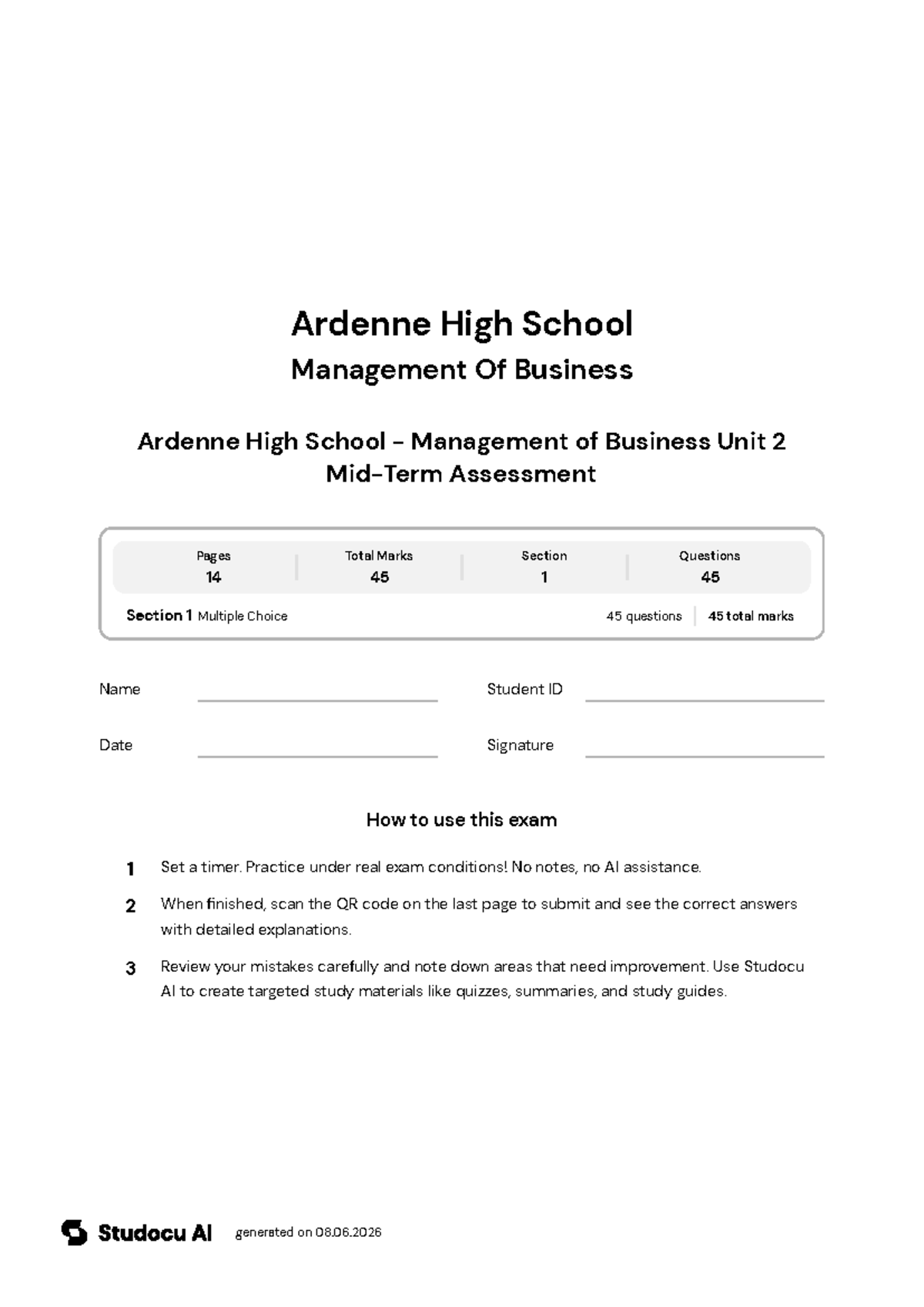 Ardenne High School - Management of Business Unit 2 Mid-Term Exam - Studocu