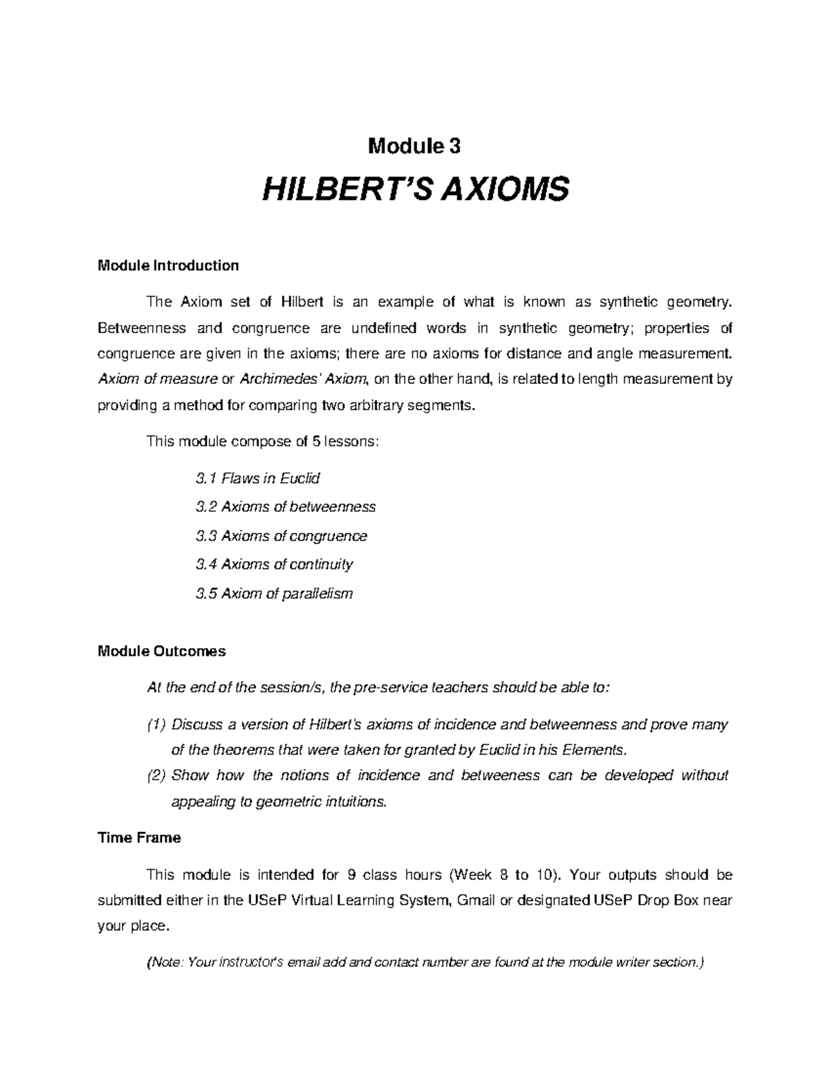 Modern Geometry Module 3 - Module 3 HILBERT’S AXIOMS Module ...