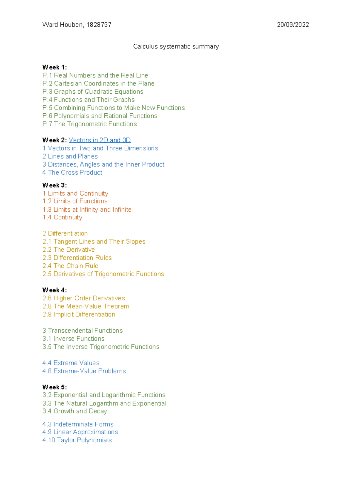 Calculus Systematic Summary: Weeks 1-7 Overview (Course Code: 1828797 ...