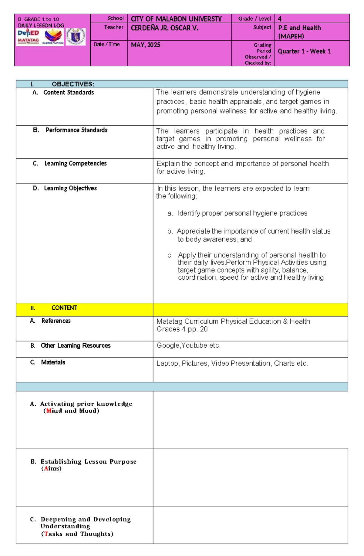PE-LP - Lesson Plan PE & HEALTH - B GRADE 1 to 10 DAILY LESSON LOG ...