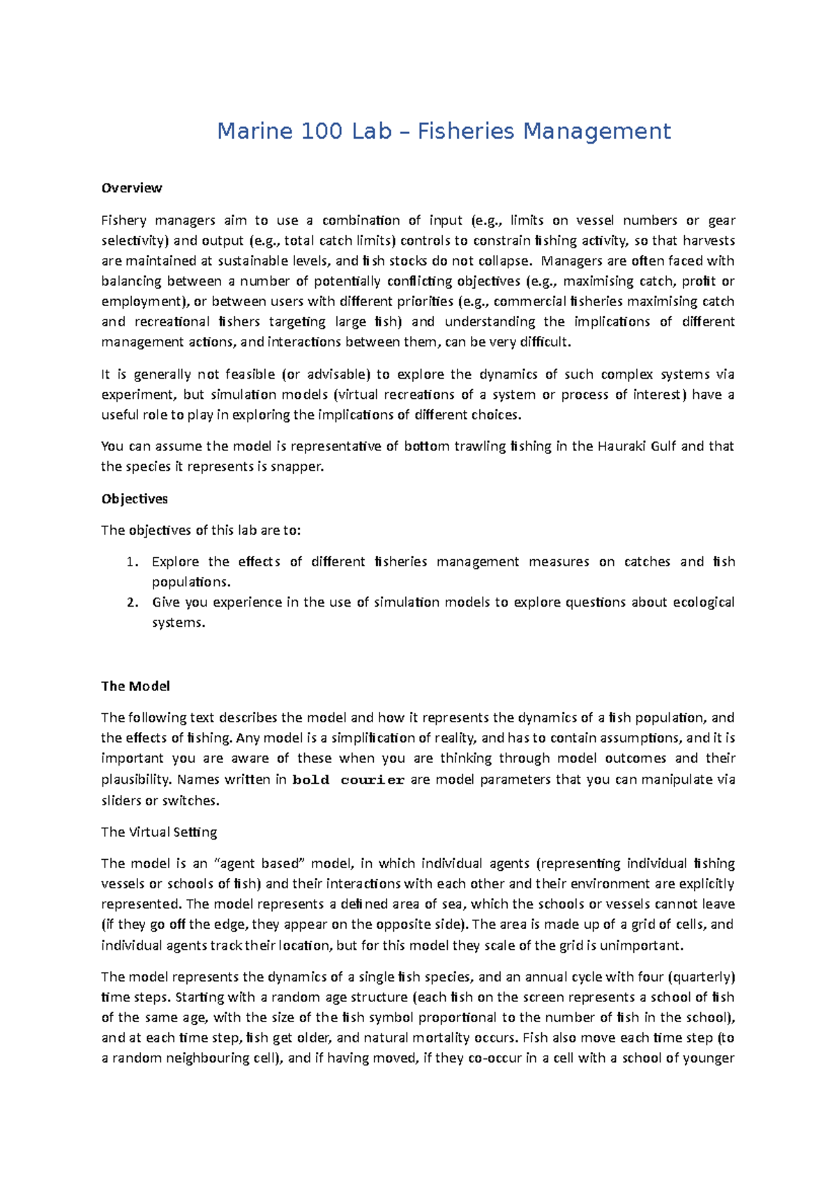Marine 100 Lab Instructions: Exploring Fisheries Management Models ...