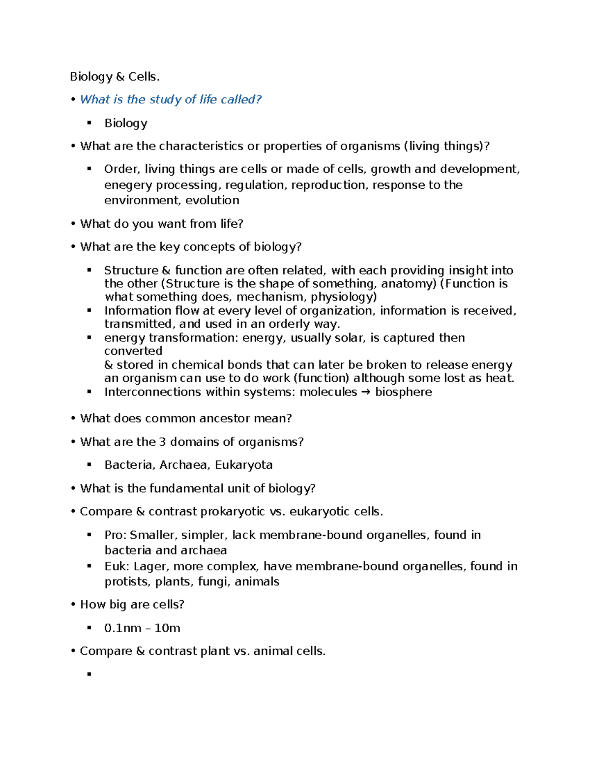SCI 102: Life, Matter & Energy - Quiz 1 Study Guide - Biology & Cells ...