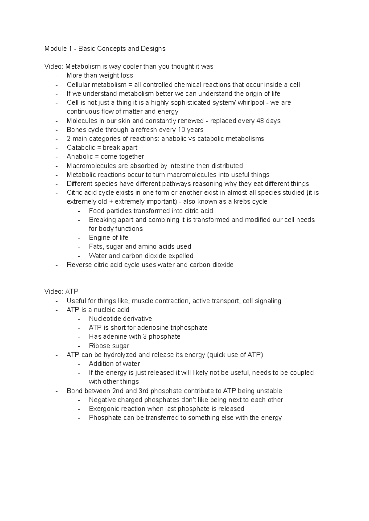 BMSC 230 Module 1: Metabolism Concepts & Video Notes - Studocu