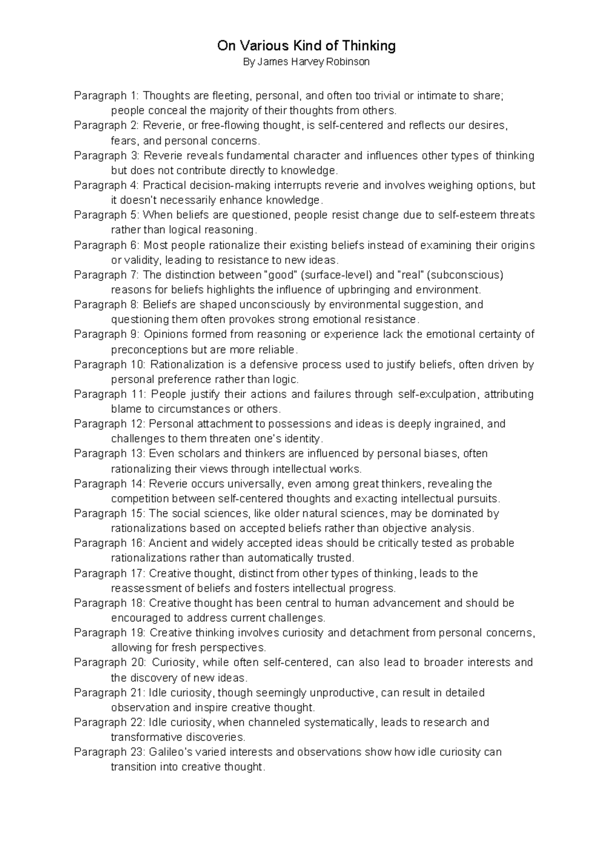 On Various Kind of Thinking - Paragraph 2: Reverie, or free-flowing ...