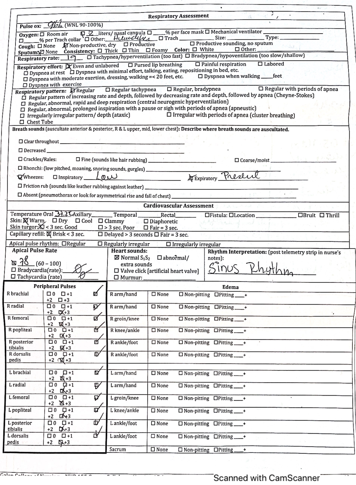 Clinical package 2 Med Surge - Respiratory Assessment Pulse OX: (WNL ...