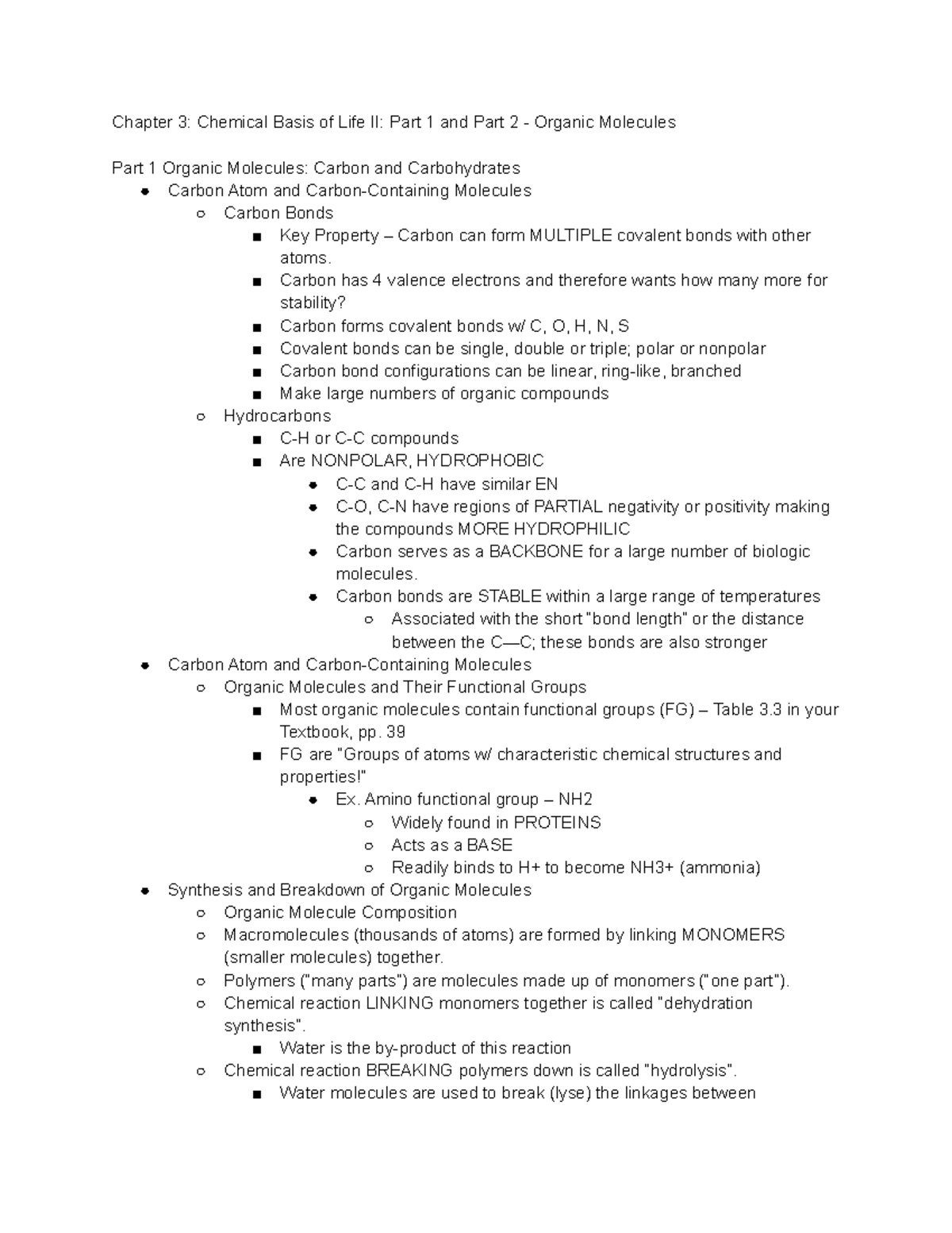 BIO 111 Chapter 3 Chemical Basis of Life II: Organic Molecules Overview ...