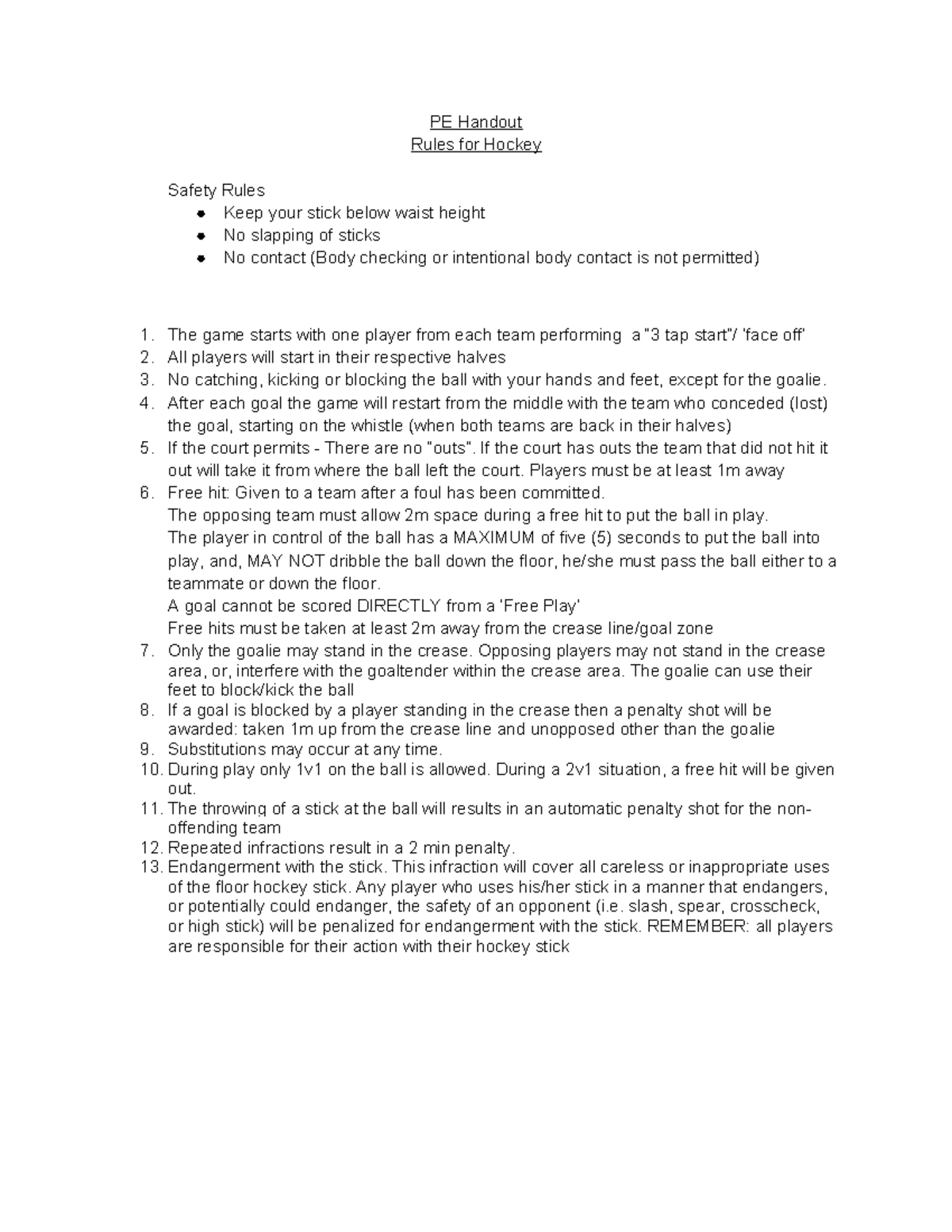PE Handout: MAC Hockey Safety Rules and Guidelines - Studocu