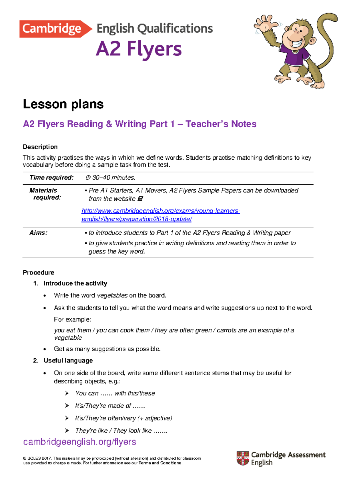 A2 Flyers 2018 Reading & Writing Part 1 Teacher's Guide & Tasks - Studocu