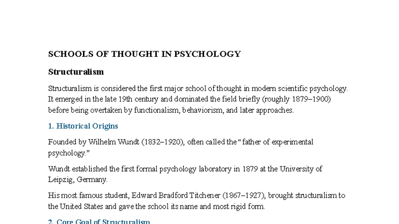 SCHOOLS OF THOUGHT IN PSYCHOLOGY: A Comprehensive Overview - Studocu
