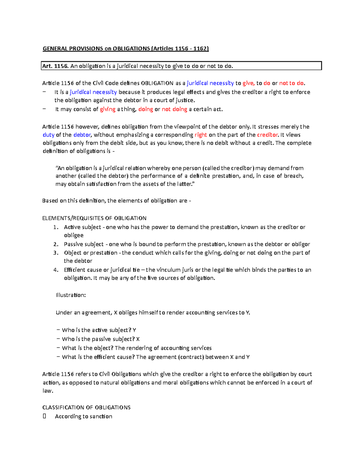 Civil Code Obligations: Articles 1156-1162 Overview - Studocu