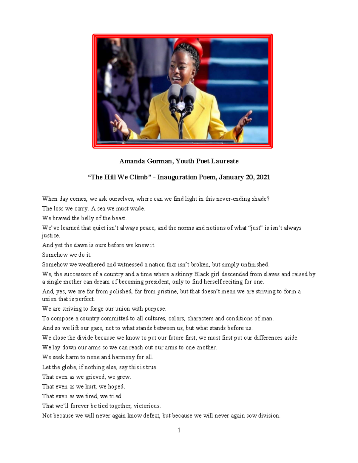 ENG 101: Amanda Gorman's Inauguration Poem Analysis - Studocu