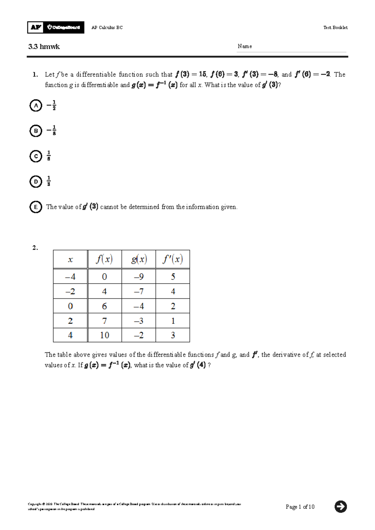 AP Calculus BC Test Booklet 3.3 Homework Solutions - Studocu
