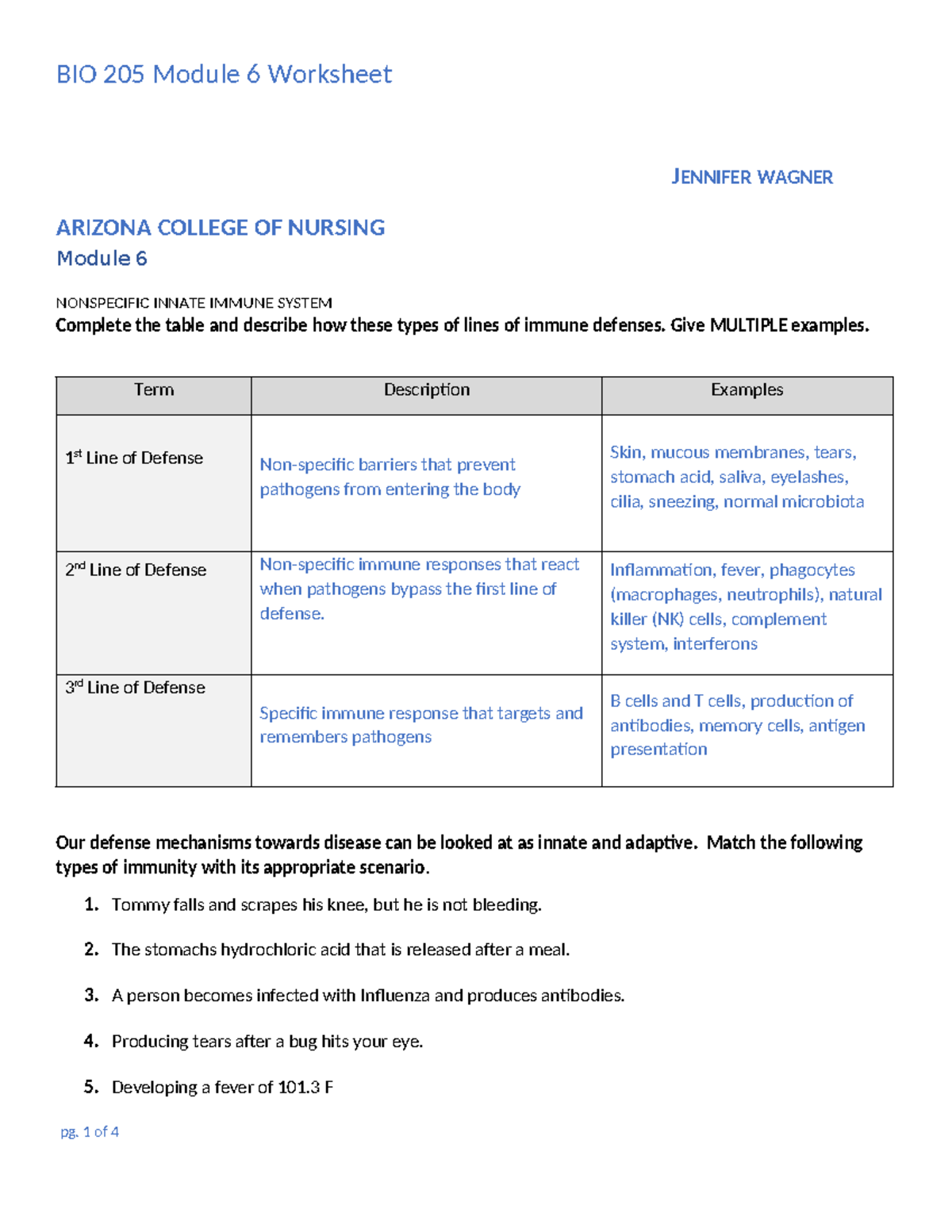 BIO 205 Module 6 Worksheet: Nonspecific Innate Immune System Overview - Studocu