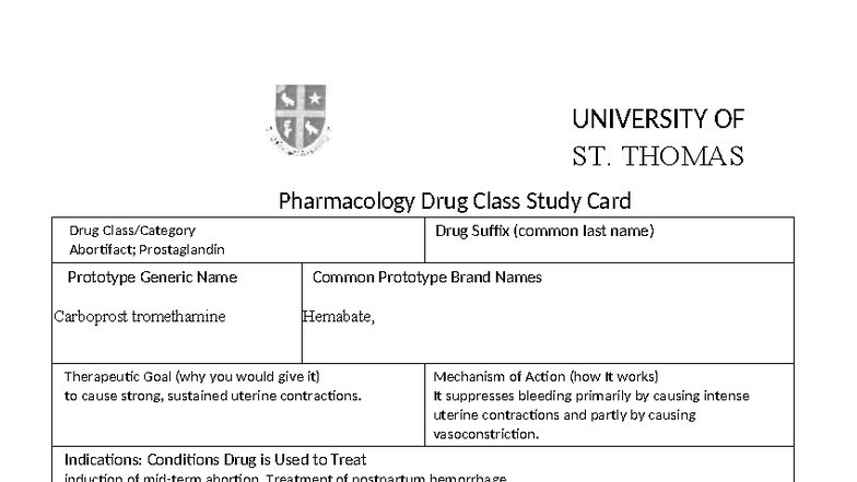 Drug Card Template - drug card - UNIVERSITY OF ST. THOMAS Pharmacology ...