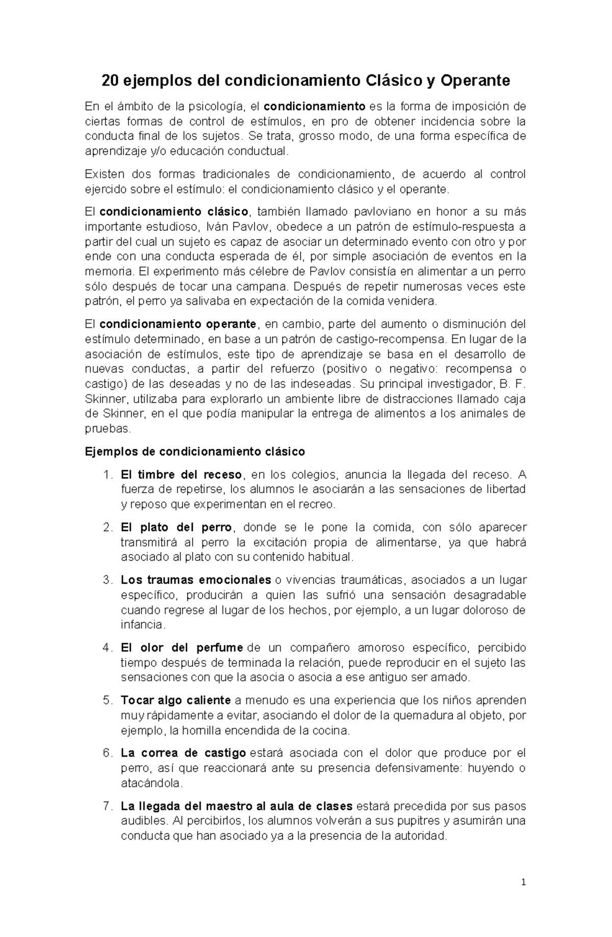 Ejemplos de Condicionamiento Clásico y Operante en Psicología - Studocu