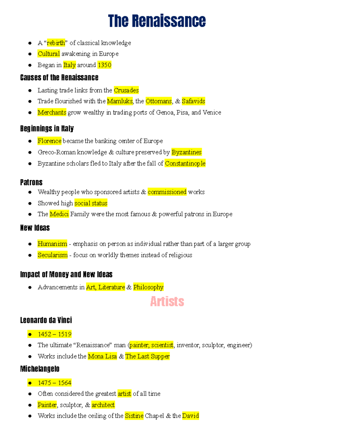 Italian Renaissance (ART 101) Guided Notes on Cultural Awakening - Studocu