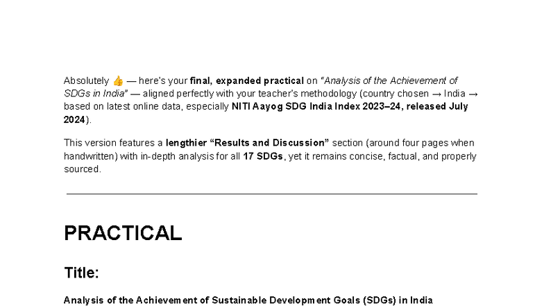 EVS 101: Final Practical Analysis of SDG Achievements in India - Studocu