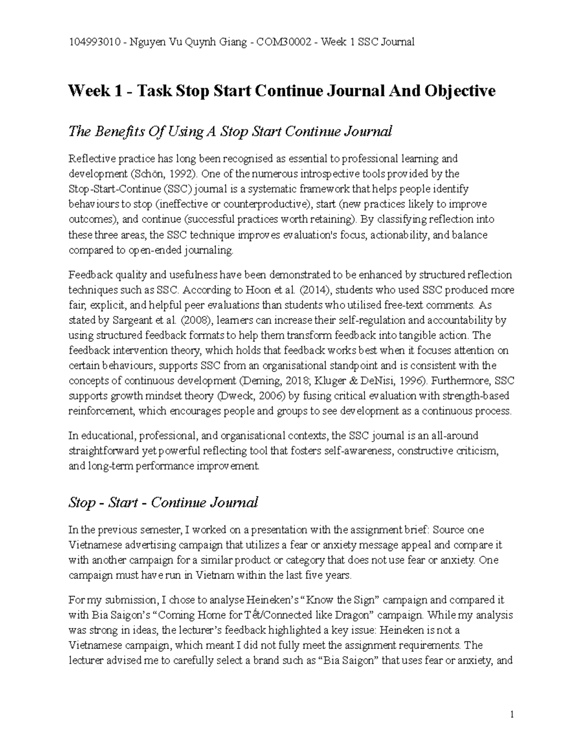 104993010-COM30002-W1 Stop Start Continue Journal Reflection - Studocu