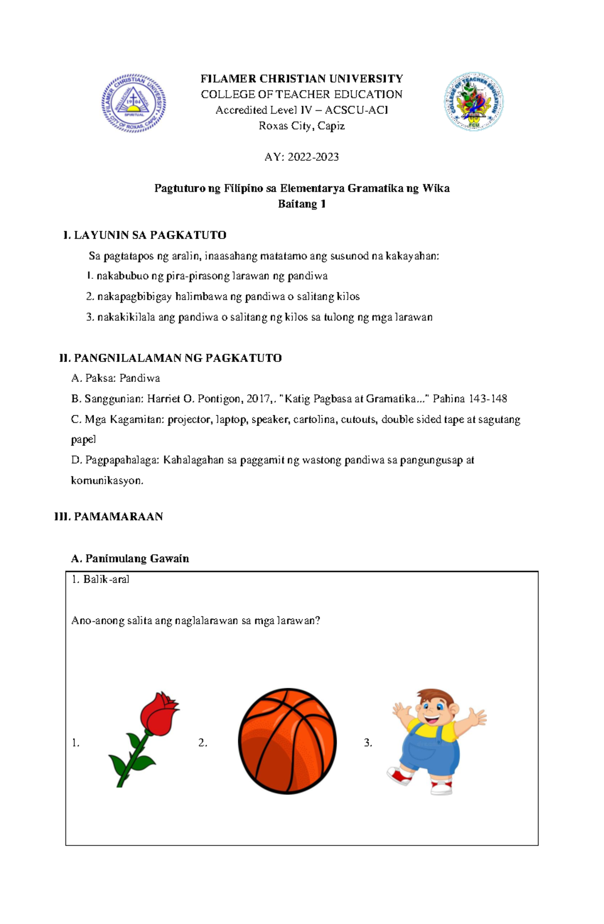 Lesson plan sa filipino pandiwa - FILAMER CHRISTIAN UNIVERSITY COLLEGE ...