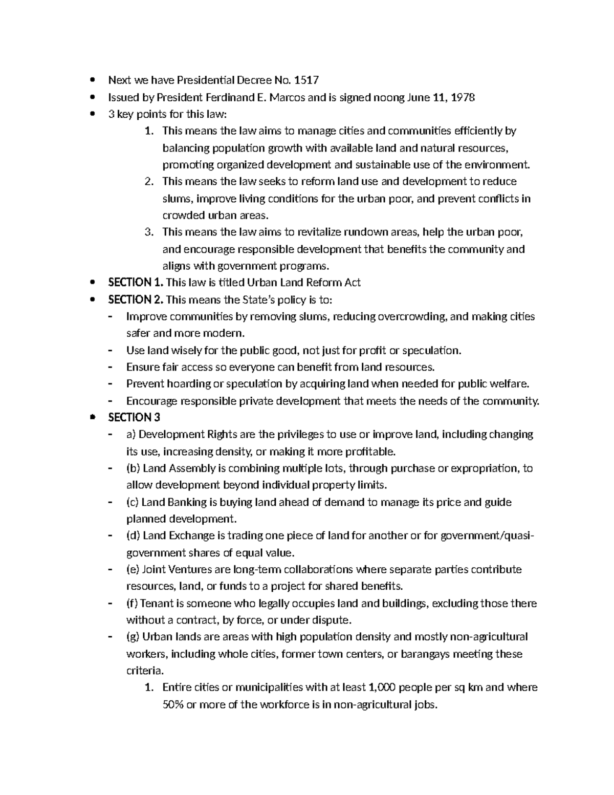 PD 1517 - Urban Land Reform Act Overview and Key Points - Studocu