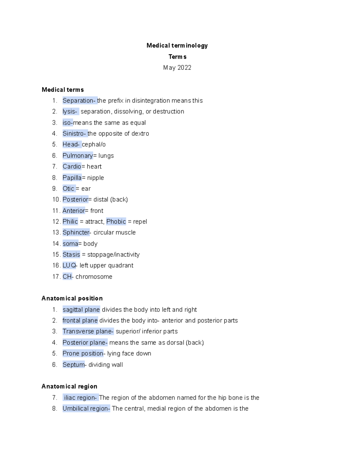 Medical Terminology Terms and Key Concepts (MDT 101) - Studocu